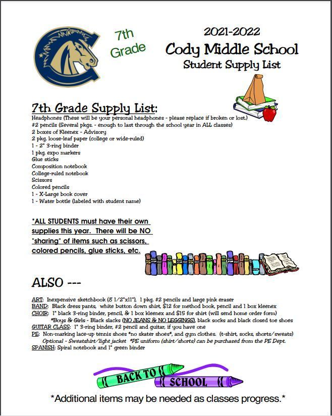 7th Grade Student Supply List 2021 22 Cody Middle School